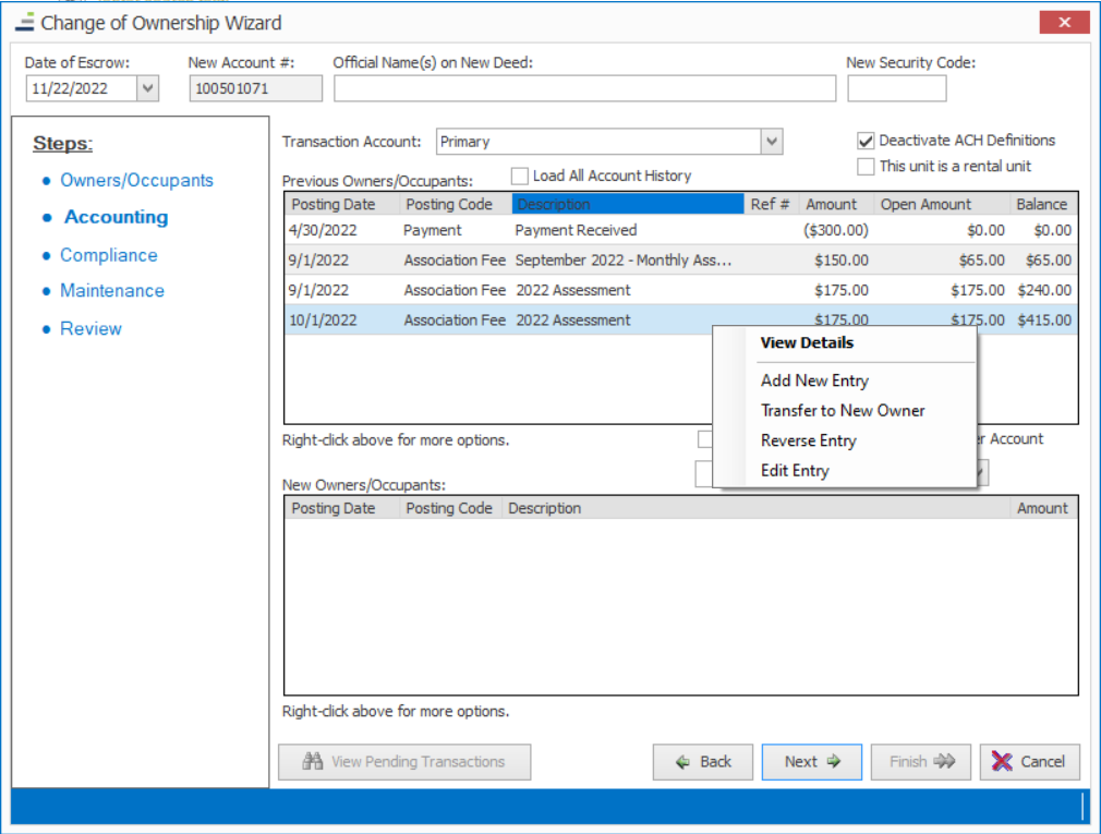 Change of Owner Wizard