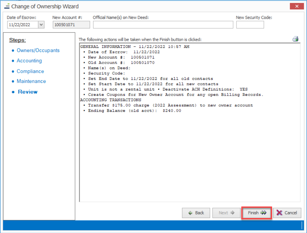 Change of Owner Wizard