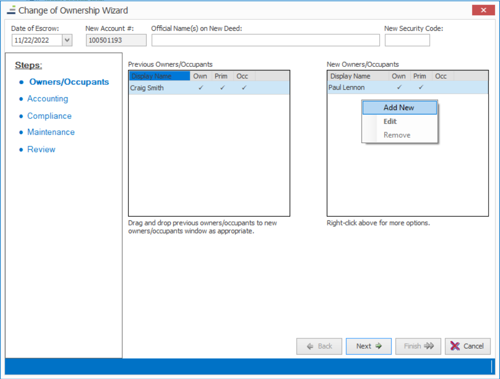 Change of Owner Wizard