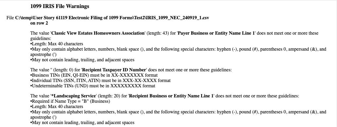 1099 IRS IRIS Export Format