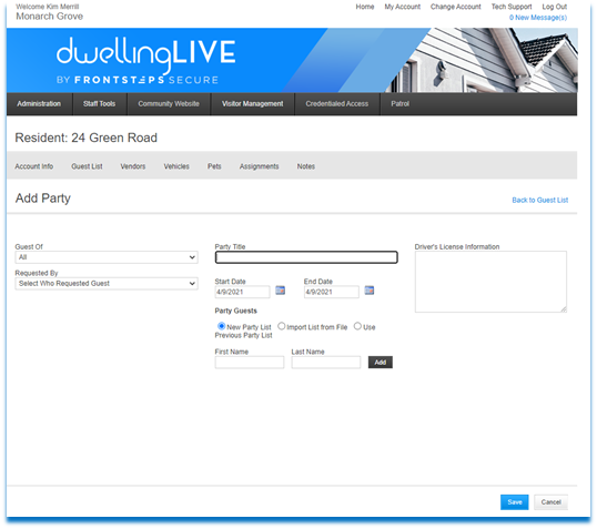 Community Admin-dwellingLIVE- Parties