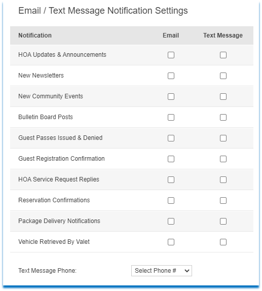 Resident - Web Portal: Notification Settings