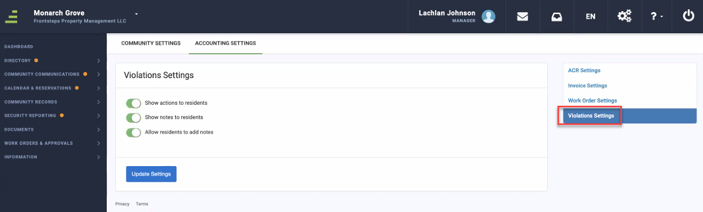 Manager: Violation Settings