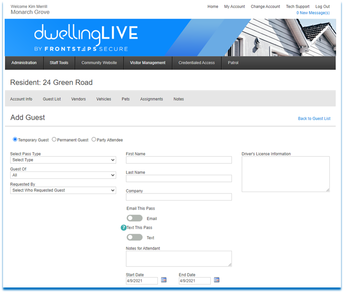 Community Admin-dwellingLIVE- Manage Guests