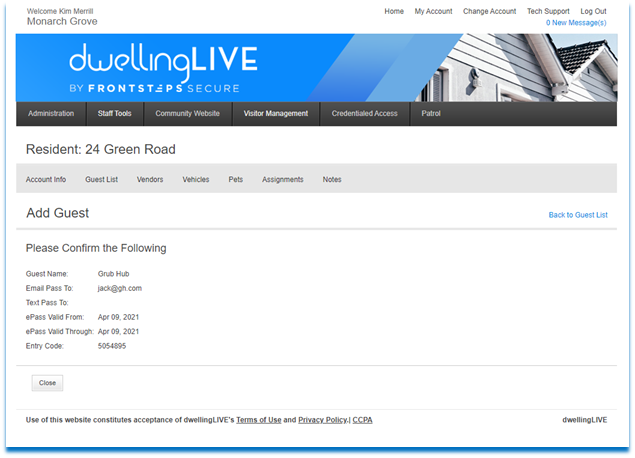 Community Admin-dwellingLIVE- Manage Guests